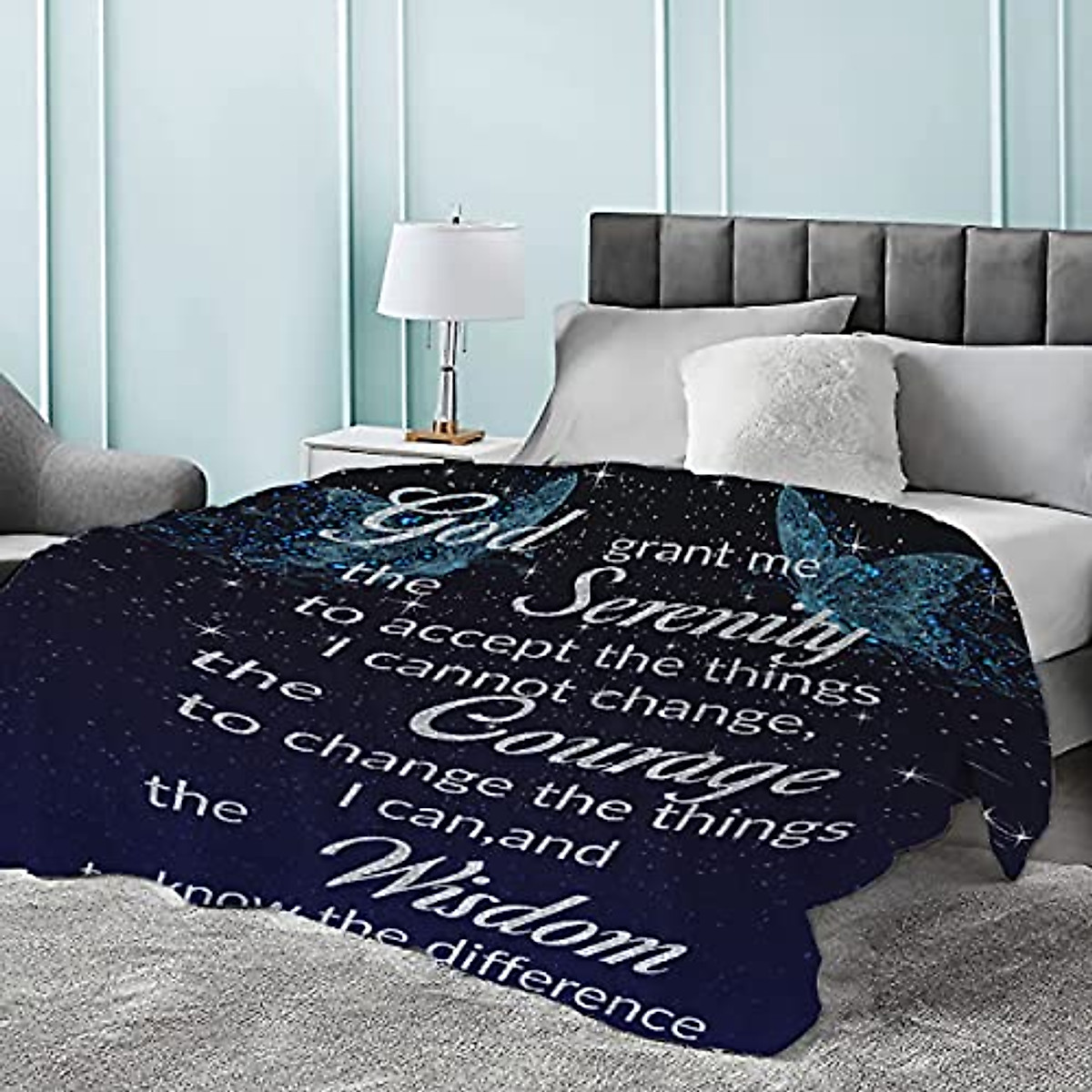 Blue Butterfly Serenity Prayer Inspirationa Starry Galaxy Super Soft Flannel Throw Blankets for Bed Sofa Couch Gifts,Bedding Fleece Blanket Outdoor Cover for Beach Picnic Large 80''x60'' Queen