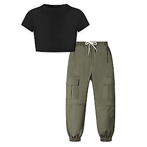 Betusline Crop Tops for Girls, Short Sleeve Black + Green Cargo Jogger Pants Outfits 2pcs Clothes Set, Cute Clothes for Teen Girls, 7-8 Years = Tag 140