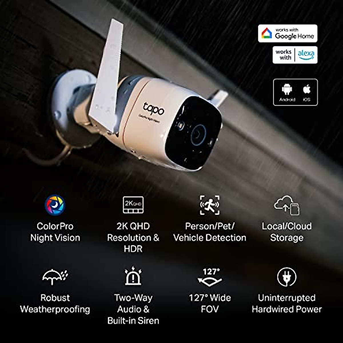 TP-Link ColorPro Wi-Fi Outdoor Camera | Plug-in | Daylight Clarity at Night | 2K QHD | Person/Pet/Vehicle Detection | Local/Cloud Storage | 127° FOV | Built-in Siren | Works w/Alexa & Google Home