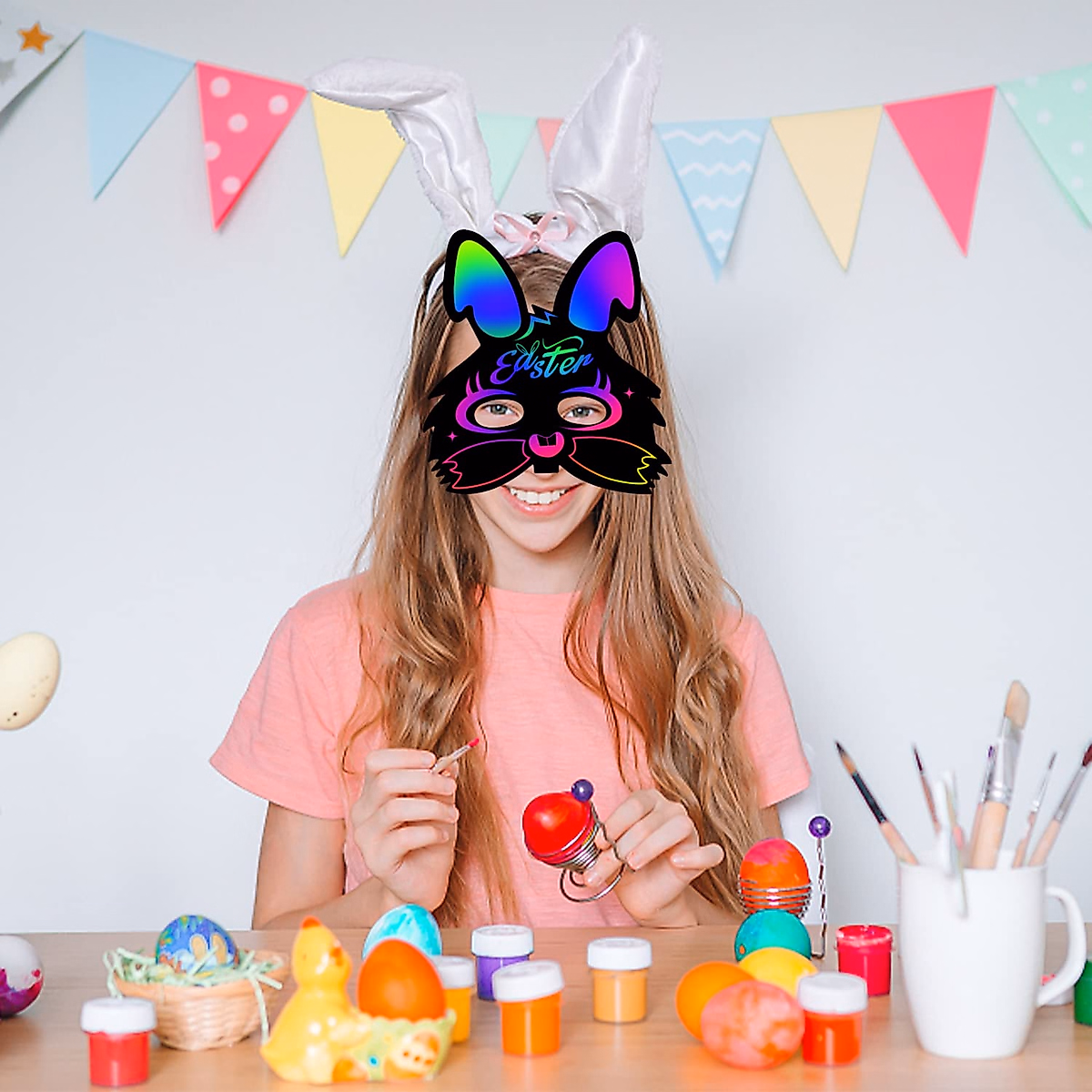 Easter Mask Craft Kit, 54 Pcs Scratch Art for Kids, Kids Magic Rabbit Masks, Scratch Paper Animal Masks with 18 Wood Stylus, DIY Rainbow Scratch Art Masks for Halloween, Animal Birthday Party