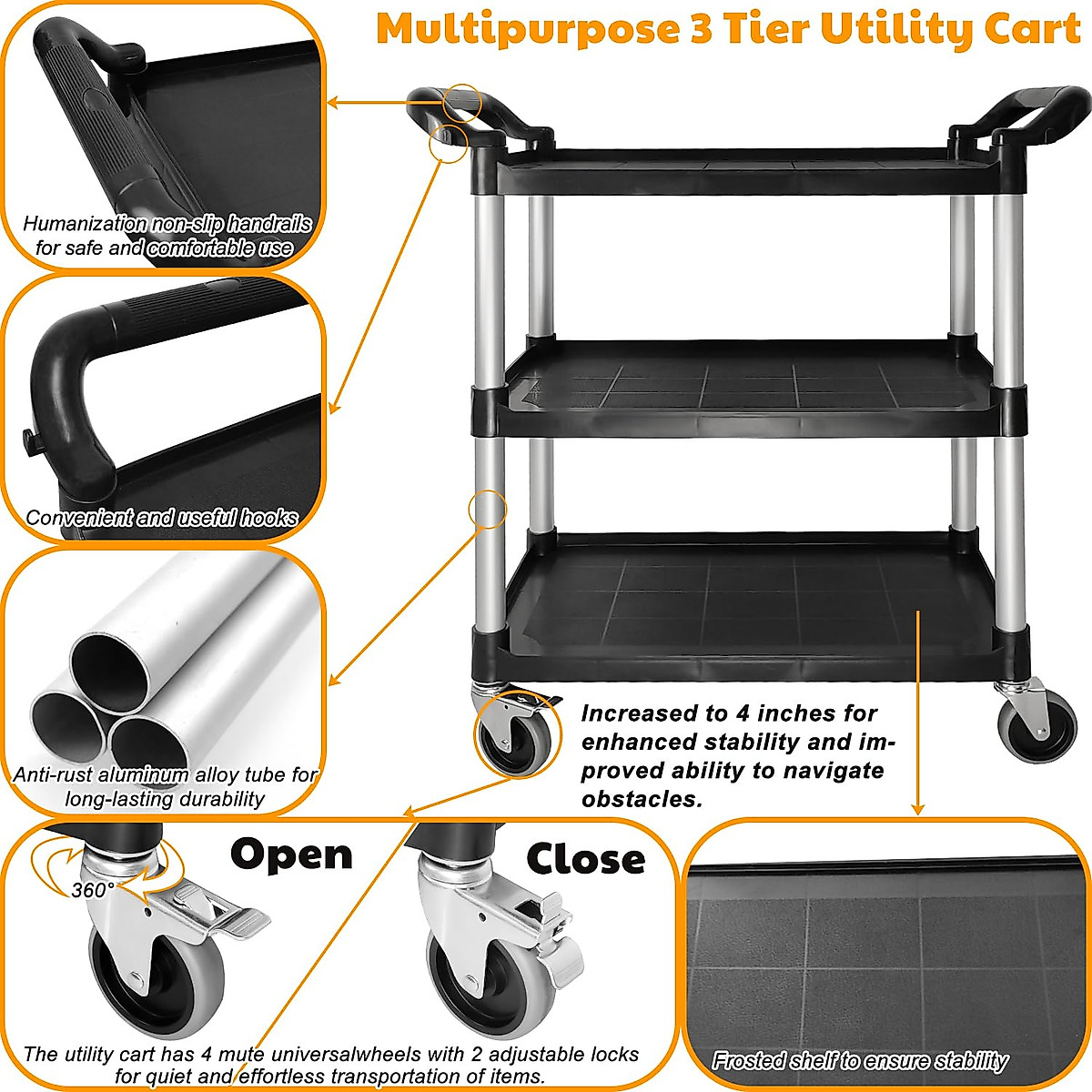 RAYFARMO Plastic Utility Cart with Wheels, 3 Tier Rolling Cart with Lockable Wheels, Heavy Duty 510lbs Capacity Food Service Cart for Office, Restaurant, Kitchen, Home, Warehouse