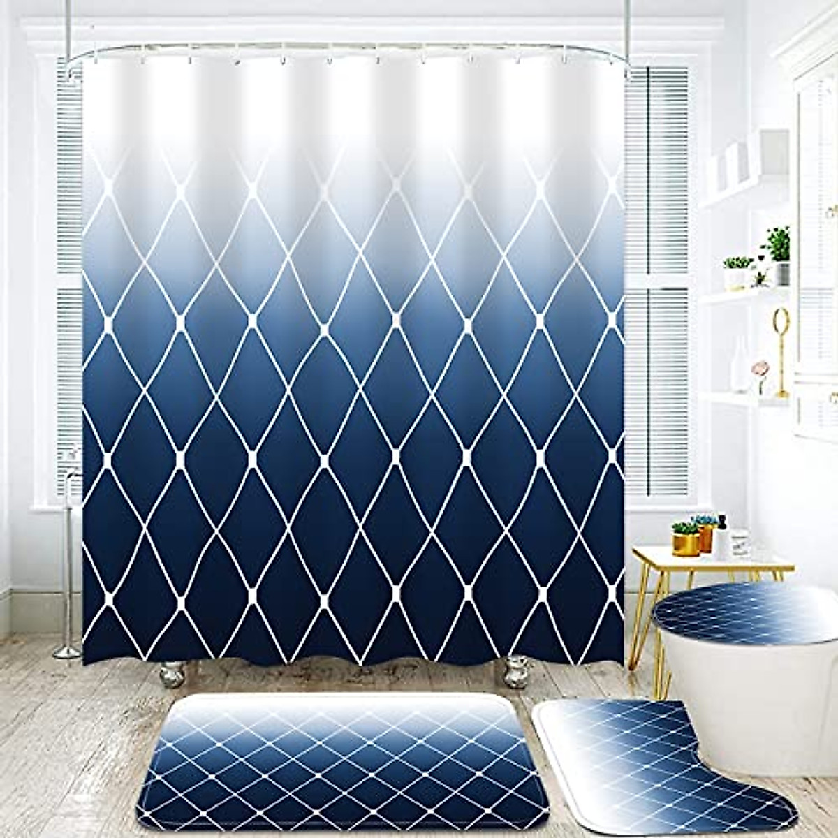 LQCOOL 4Pcs Navy Blue Shower Curtain Set White Blue Gradient Bathroom Shower Curtain Set with Rugs Water Repellent White Bathroom Decor Waterproof Fabric Shower Curtain Set with Rugs