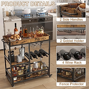 Furmax Bar Cart Home Bar Serving Cart with 3 Tiers, Rolling Bar Car with Large Storage Space & Lockable Wheels, Mobile Drink Cart with Removable Tray, Wine Rack, Glass Holder for Kitchen (Retro)