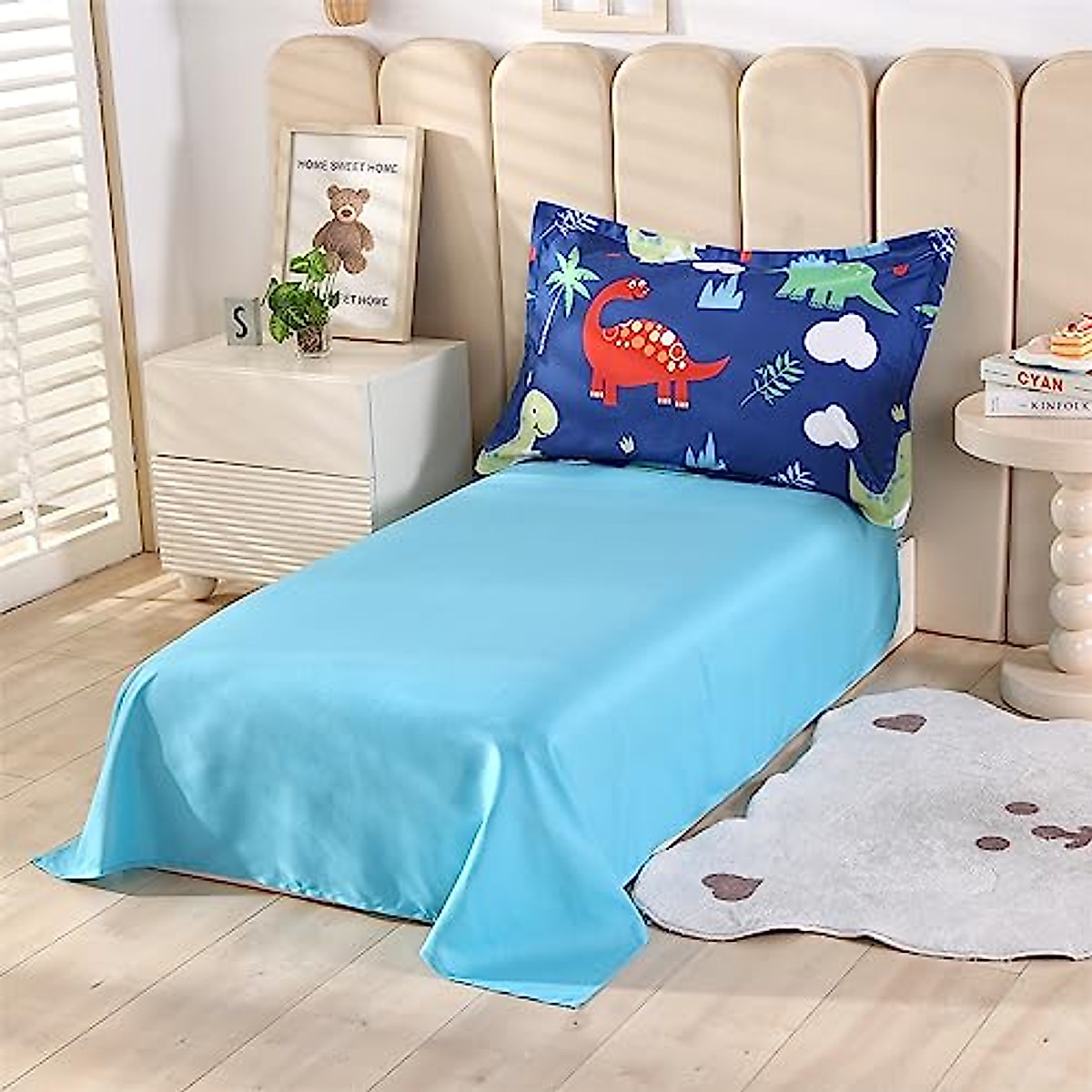 Wowelife Toddler Bedding Sets for Boys, Premium 4 Piece Dinosaur Toddler Comforter Set, Blue Bed-in-a-Bag, Super Soft and Comfortable for Toddler