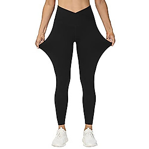 Women's V Cross Waist Yoga Leggings High Waisted Tummy Control Workout Running Pants Black