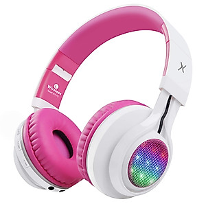 Riwbox WT-7S Bluetooth Headphones Light Up, Foldable Stero Wireless Headset with Microphone and Volume Control for PC/Cell Phones/TV/iPad (Pink)