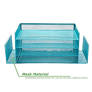 Mind Reader Desk Organizer with 6 Compartments [4 Trays and 2 Side File Holders ] For Pen, Pencil, Mail, Magazines and Office Accessories (Turquoise)