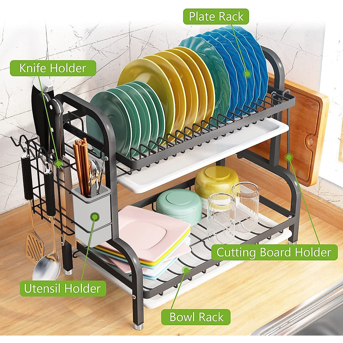Dish Drying Rack (16.7"), Kitchen Organization Storage Shelf Stainless Steel Dish Drainer Rust-poof Dish Racks for Organizer Home Kitchen Counter with Drainboard, Utensil Holder, Cutting Board Holder
