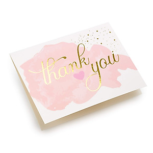 Thank You Cards with Envelopes (Set of 48) | Great for Baby Shower, Bridal Shower, Wedding, Parties & More | Thank You Notes Gold Foil Stamped Premium Cardstock with Pink Blush Watercolor Design