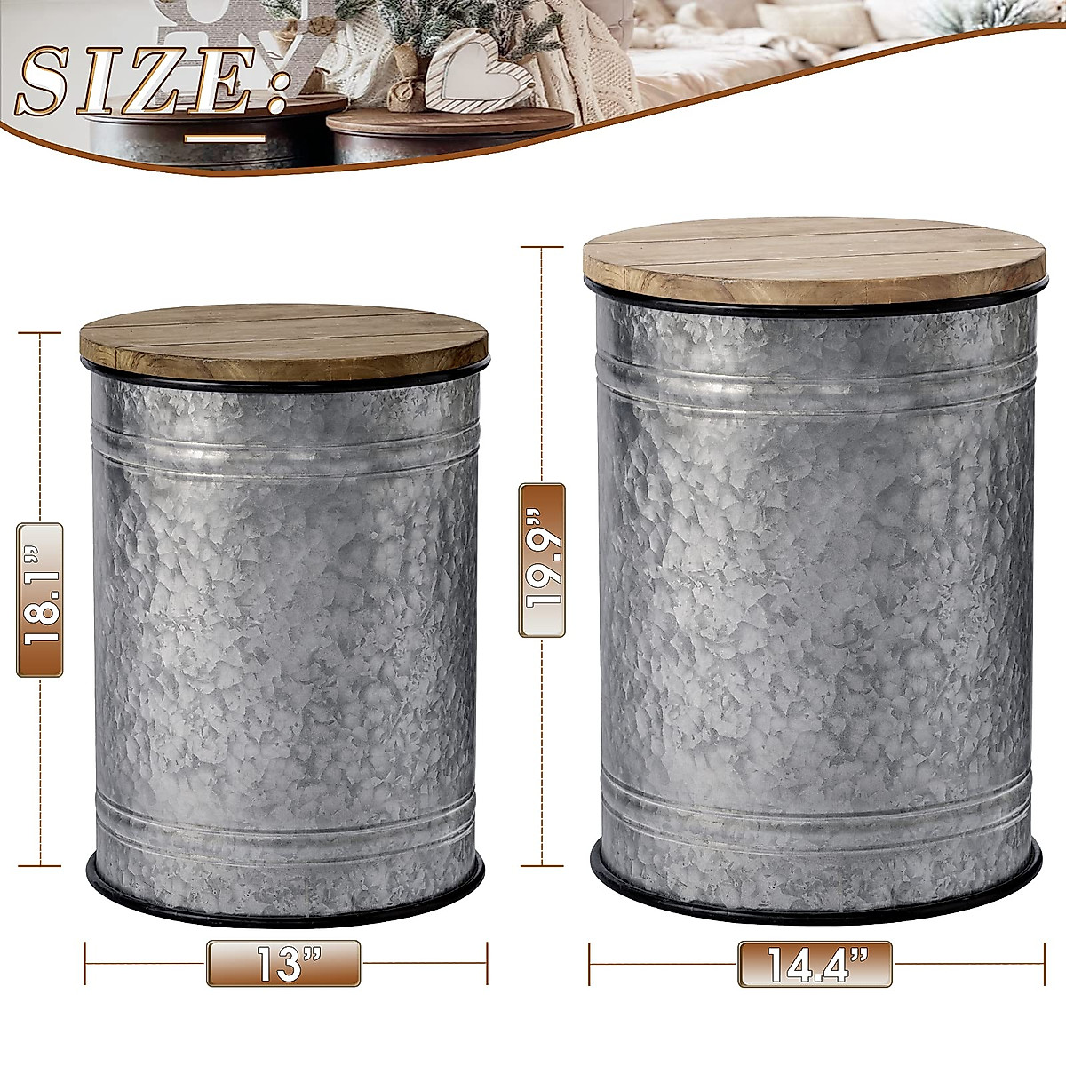 oneinmil Rustic End Table with Storage Bins Farmhouse Furniture Galvanized Metal Stool Ottoman Seat with Round Wood Lid Set of 2