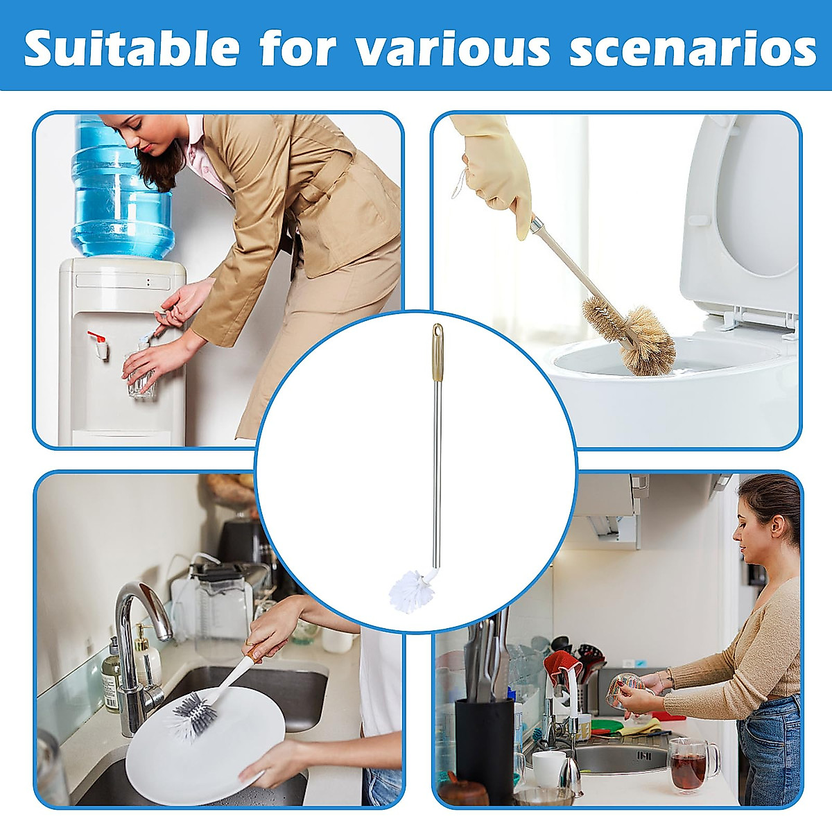 5 Gallon Water Jug Brush Cleaner, 2PCS Bottle Brush for 5 Gallon Jug 3 & 5 Gallon Bottle Cleaner Brush, Water Bucket Bottle Brush with 6 Replaceable 360° Spherical Brush Head, Stainless Steel Handle