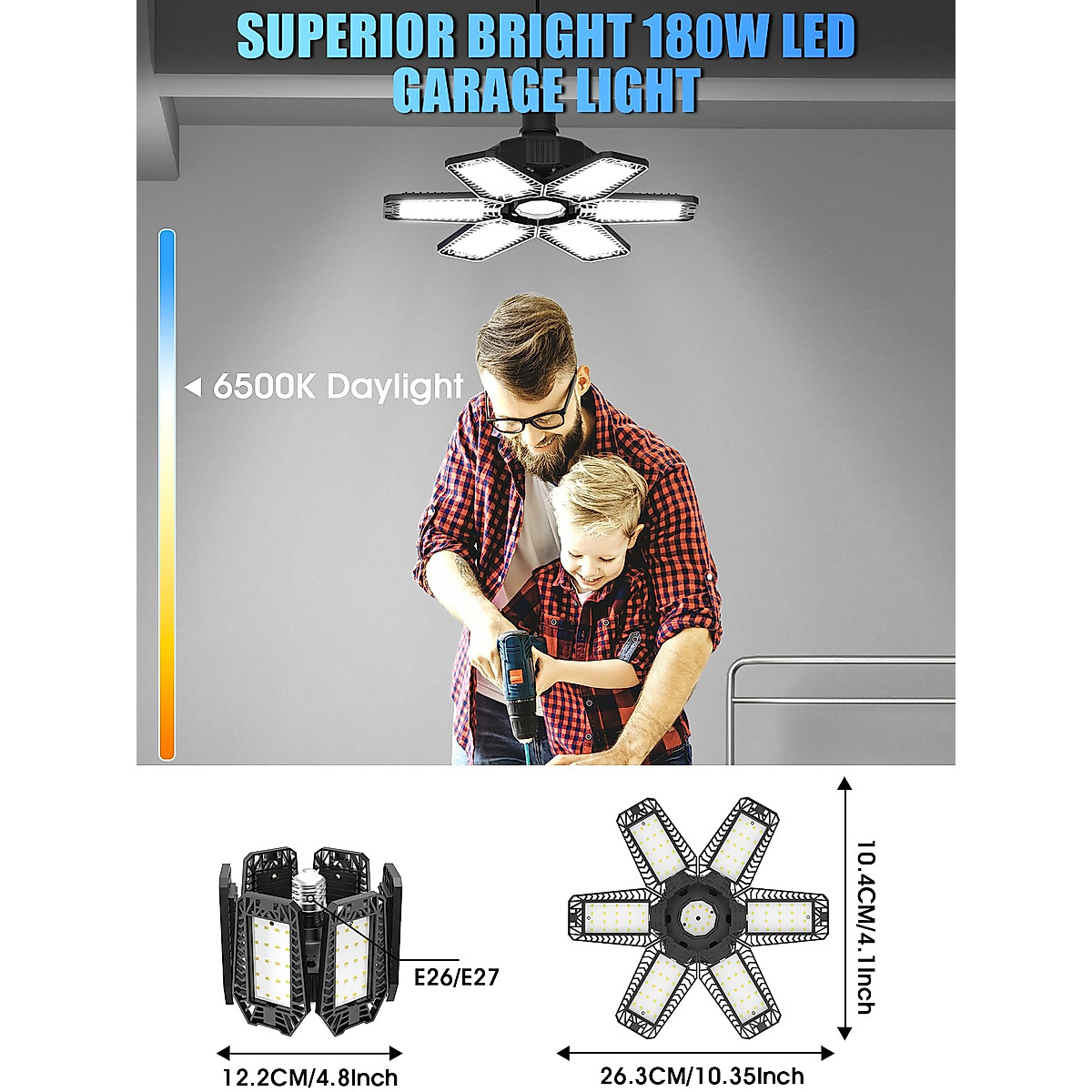 LED Garage Lights 1 Pack - 180W 18000LM Garage Lights Ceiling Led with 6 Adjustable Panels, 6500K Daylight Deformable Garage Lighting Bulb Fit E26/E27, LED Light for Garage Shop Barn Basement