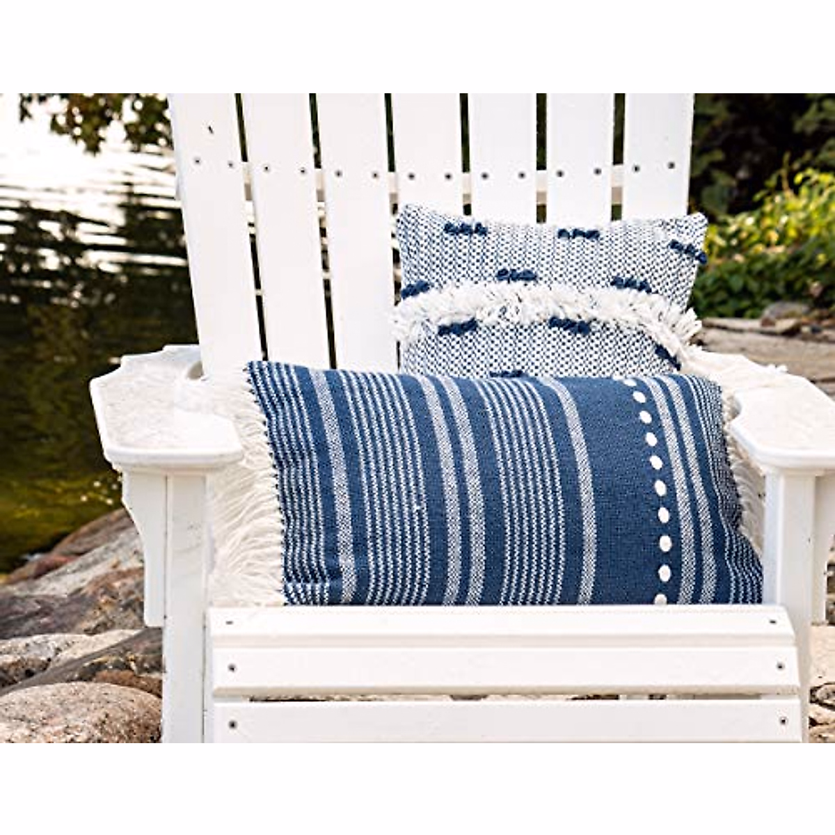 Foreside Home & Garden FIPL09778 Blue Decorative Woven 14x22 Outdoor Throw Pillow with Hand Tufted Fringe