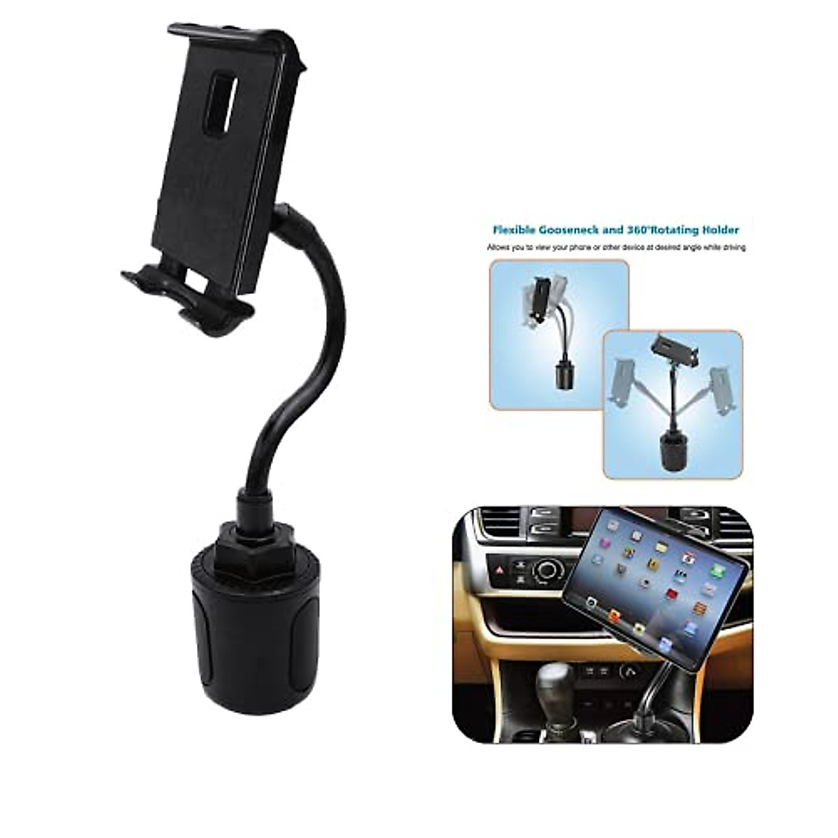 Fast Track USA 360 Car Cup Phone and Tablet Mount Holder 2-in-1 Tablet and Smart Phone Flexible Gooseneck Stand Fits Any Tablet or Smartphone with a Screen Width Between 4 in and 10.5 in