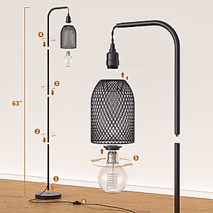 A ANTEN Industrial Floor lamp, Metal Standing Lamps for Living Room, 63 Inch, Modern Tall Lamp for Reading, E26, Mid Century Corner Lamp with Foot Switch, Black Floor Light for Bedrooms, Office, Home