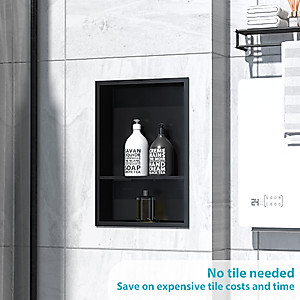 Qeke Stainless Steel Shower Niche 18" X 12", No Tile Needed Wall Niche Double Shelves, Recessed Niche Shower for Bathroom Storage, Matte Black