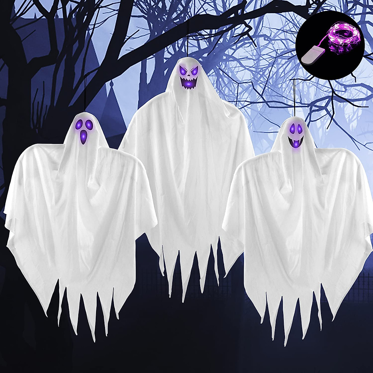 27.5” Halloween Hanging Ghosts Glow in The Dark for Halloween Party Decoration (3 Pack), Cute Flying Ghosts for Front Yard Patio Garden Tree Lawn Party Halloween Holiday Hanging Decorations