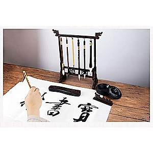 6 Pcs Brush Pen Set with Stand Holder Chinese Calligraphy Painting Art Wood Shelf Include Writing Brush