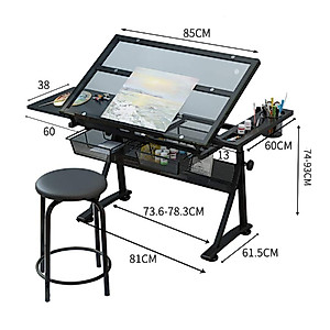 EESHHA Drawing Table Tiltable Drawing Table, Adjustable Art Desk, with Storage Craft Table, Drafting Table Glass Panel,Adult Drawing Desk Beautiful Scenery