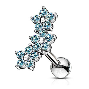 Forbidden Body Jewelry 16g 6mm Surgical Steel Stud for Cartilage, Tragus, & More w/Triple Crystal Floral Cluster, Aqua
