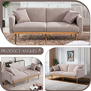 Convertible Futon Sofa Bed, Upholstered Loveseat Sleeper Couch with 3 Reclining Angles and 2 Pillows, Modern Living Room Sofa Couch with 5 Solid Metal Legs for Guest Room, Office, White Teddy