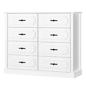 FINETONES White Dresser Chest of Drawers, 47.2“ Wood Dresser 8 Drawer with Steel Handles, Modern Dresser Drawers Floor Storage Cabinet for Living Room Hallway Office