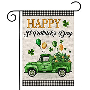 EKOREST Happy St Patrick's Day Garden Flag 12x18 Inch Vertical Double Sided,Buffalo Plaid Truck with Shamrock Balloons Small St. Patricks Day Yard Flag for Outdoor Farmhouse Holiday Outside Decoration