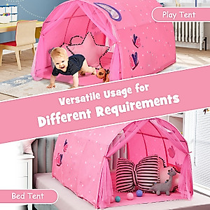 Costzon Kids Dream Bed Tent, Portable Baby Playhouse Privacy Space Twin w/Double Net Curtain, Princess Tent w/Inner Pocket & Carrying Bag, Children Play Tent for Girls (Pink)