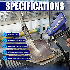 LE LEMATEC Sand Blaster Gun Kit for Air Compressor, Paint/Rust Remover for Metal, Wood & Glass Etching, Up to 150 PSI Continuous Blasting Media for Aluminum, Sand & Soda Blaster Jobs, Blue (AS118-2)