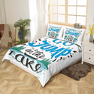 Nautical Beach Duvet Cover Twin,Go Jump In The Lake Bedding Set Rustic Farmhouse Wooden Boat Paddle Comforter Cover For Country Cabin Lodge,Green Blue Soft Microfiber Quilt Cover With 1 Pillow Case