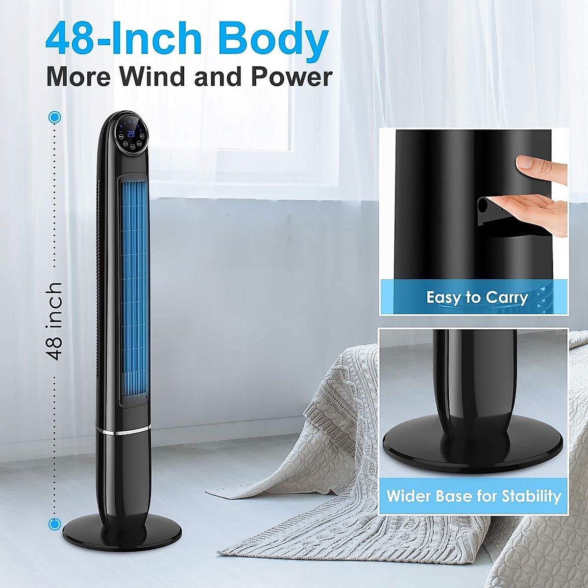 Air Choice Evaporative Cooler with Remote, 48" Bladeless Cooling Tower Fan with 3 Speed & 3 Modes, Quiet High Velocity Tower Fan Air Conditioner with LED screen, Tail Fan with 12 Hours Timer