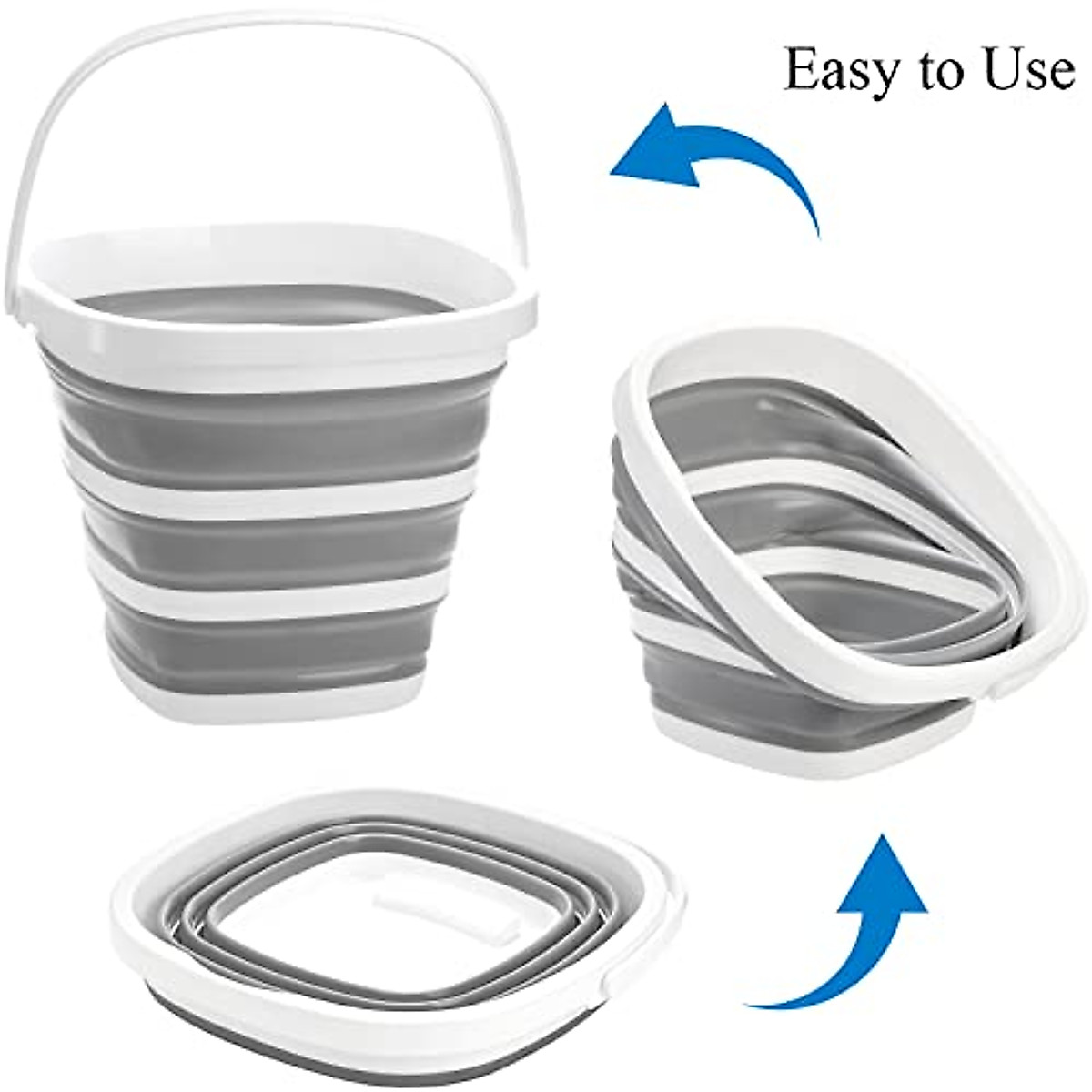 Fasmov 2 Pack Collapsible Plastic Bucket, Portable Cleaning Bucket with Handle, 2.6 Gallon (10L) Foldable Rectangular Tub for Hiking, Backpacking, Camping, Fishing, Car Wash, Gray & Blue