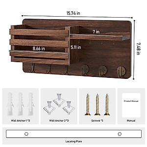 Key Holder Wall Mount, Key and Mail Holder for Wall, Wall Key Holder with Shelf and 6 Large Hooks for Bags, Coats, Umbrella, Wood Key Shelf for Entryway, 4 Small Key Hook, Wallet/Dog Leash Holder,Pine