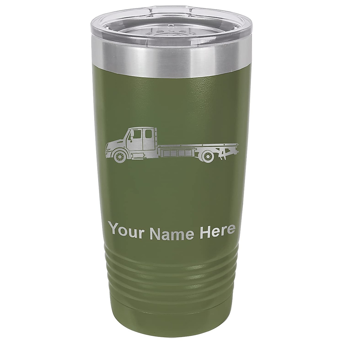 LaserGram 20oz Vacuum Insulated Tumbler Mug, Flat Bed Tow Truck, Personalized Engraving Included (Camo Green)