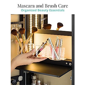 LUXFURNI Mirror Jewelry Cabinet Wall-Mount/Door-Hanging Armoire, Full length Mirror Lockable Makeup Storage Organizer w/Cosmetic Box (Black)