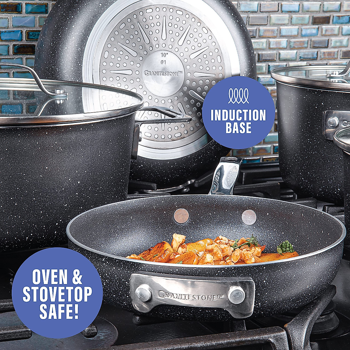 Granitestone Stackable Pots and Pans Set Nonstick, 10 Piece Space Saving Complete Kitchen Cookware Set with Ultra Nonstick Mineral & Diamond Coating, Oven & Dishwasher Safe, Healthy & Toxin Free-Black