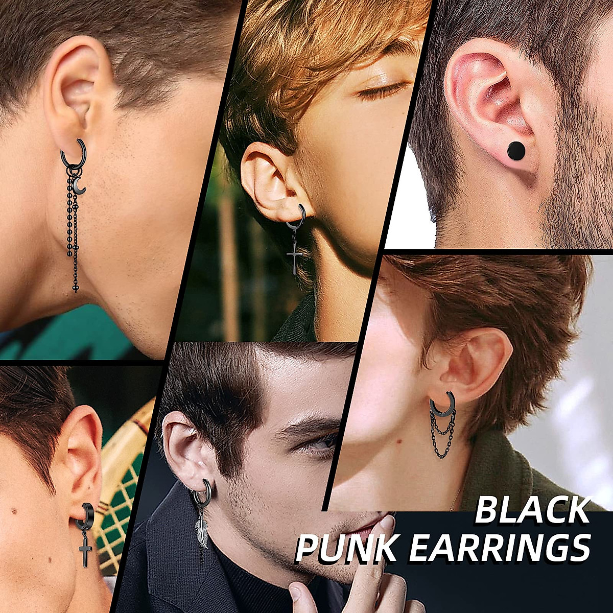 FIFATA 20 Pieces Men Earrings Set - Black Stainless Steel Chain Hoop Earrings Cross Moon and Star Dangle Earrings Piercing Jewelry for Men Women