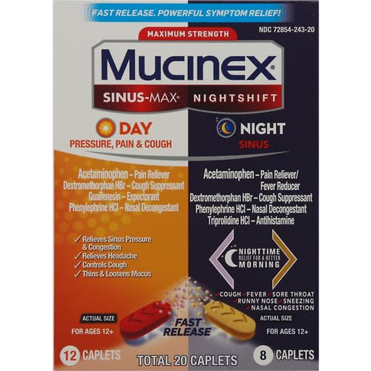 Mucinex Maximum Strength Sinus-Max (Day) Pressure, Pain & Cough & Nightshift (Night) Sinus Caplets, Fast Release, Powerful Multi-Symptom Relief, 20 caplets (12 Day time + 8 Night time)