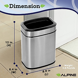 Alpine 6 L Stainless Steel Slim Open Trash Can - Compact Garbage Bin - Wide Access Top Slender Durable Receptacle with Sturdy Plastic Liner (1.6 Gal)