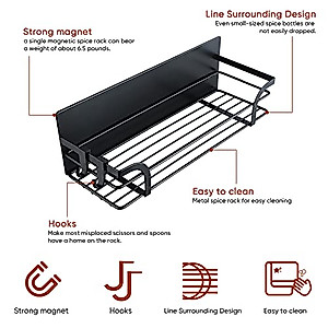 Taozun Magnetic Shelf/Magnetic Spice Rack for Refrigerator - 2 Packs Spice Storage Organizer with 4 Removable Hooks Seasoning Rack for Fridge Kitchen Apartment RV (Black, Steel)