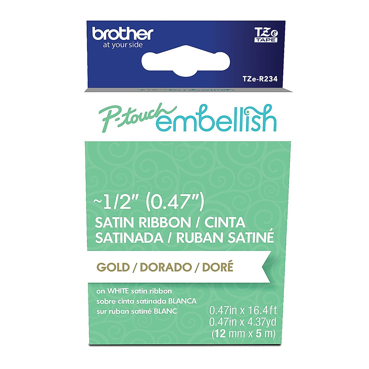 Brother P-touch Embellish Gold Print on White Satin Ribbon TZER234 – ~½” Wide x ~13.1’ Long for use with P-touch Embellish Ribbon & Tape Printer