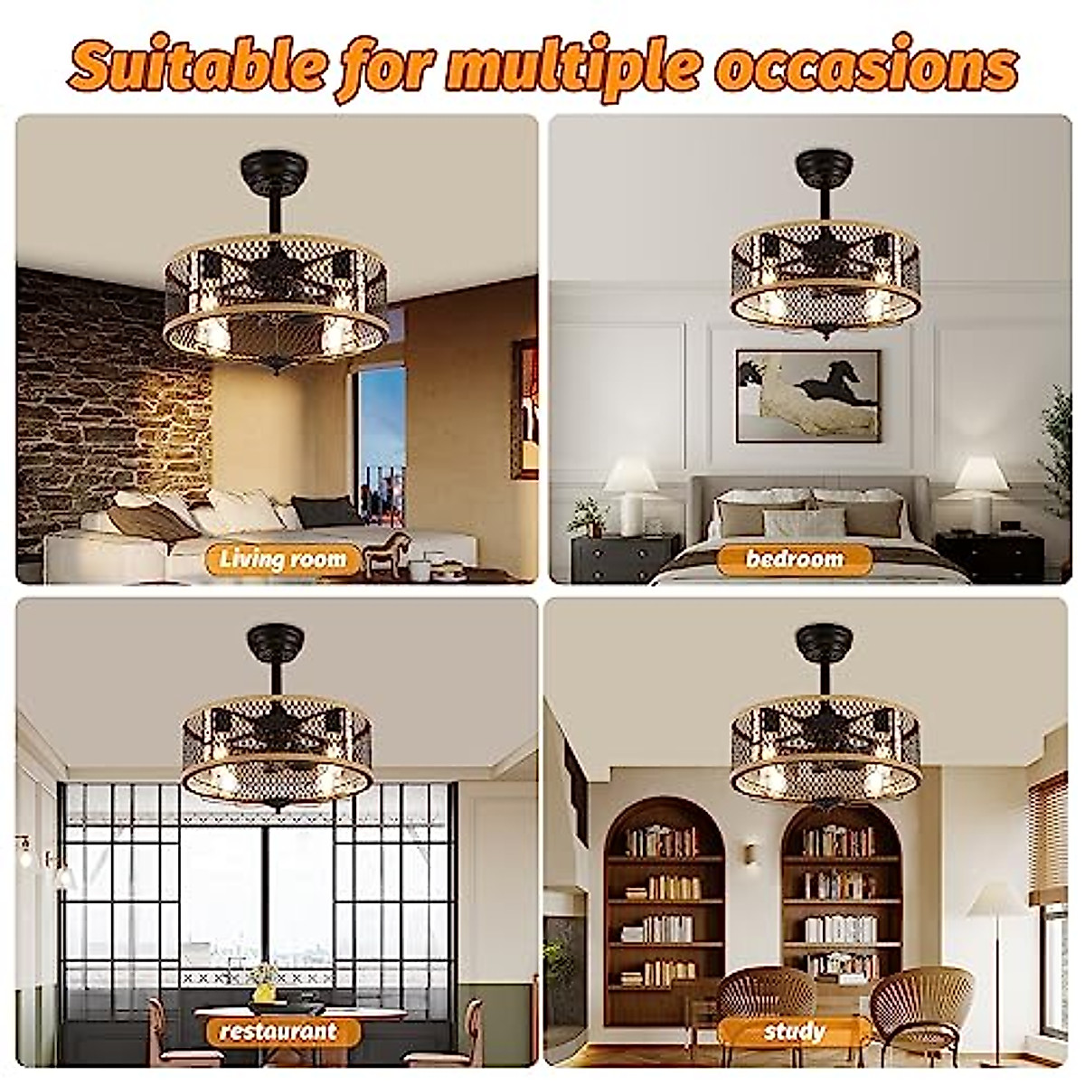 Ceiling Fans with Lights and Remote - Low Profile Ceiling Fan 20 inch - Powerful Bedroom Ceiling Fan with 7 Blades - Adjustable, Noiseless - Safe Indoor, Outdoor Caged Ceiling Fan with Light