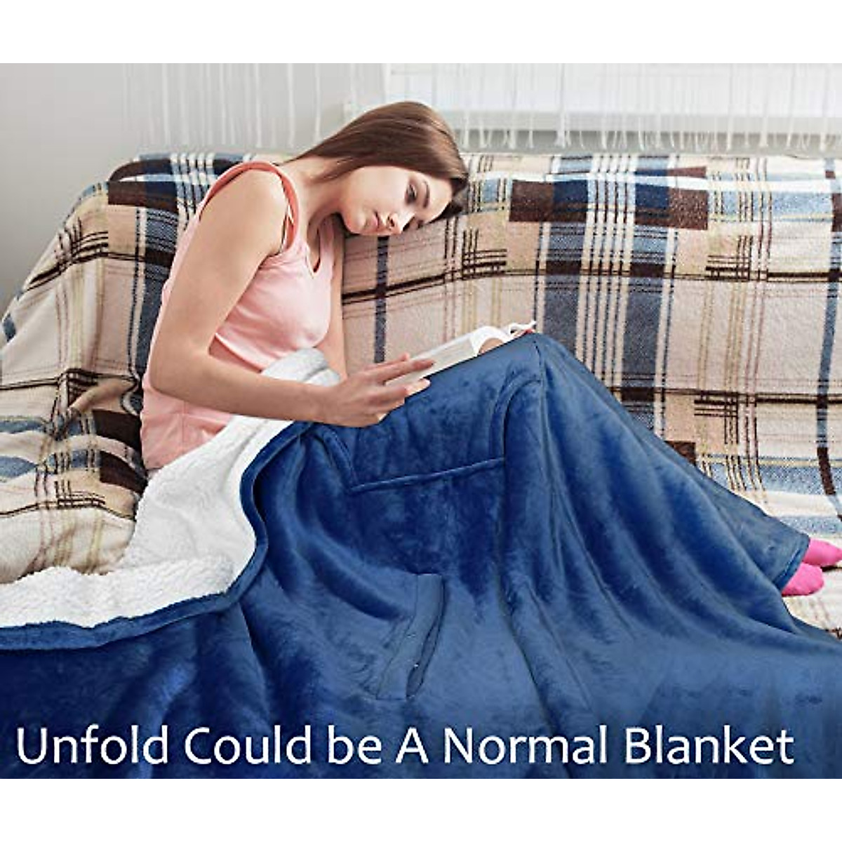 Tirrinia Sherpa Wearable Blanket Super Soft Comfy Plush Fleece Poncho for Adult Women Men Kids Throw Wrap Cover Sweatshirt Indoors or Outdoors, 55''x 80'' Navy