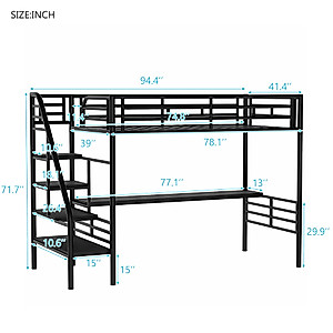 Metal Loft Bed Frame for Boys Girls Kids Adults Toddler with Desk, No Box Spring Needed,Twin,Black