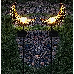 Aubasic Solar Powered Garden Lights, 2 Pack Antique Brass Hollow-Carved Metal Moon with Warm White Crackle Glass Globe Stake Lights,Waterproof Outdoor for Lawn,Patio,Yard