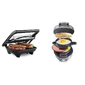 Hamilton Beach Electric Panini Press Grill with Locking Lid, Opens 180 Degrees & Breakfast Sandwich Maker with Egg Cooker Ring, Customize Ingredients