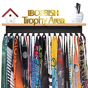 Premium Trophy and Medal Display Shelf 16inchL,Metal Trophy Shelf with hooks Upgraded,Large Trophy Board Display,Sturdy trophy shelf with hooks for medals in Black Metal Wall Mount Over 60 Medals