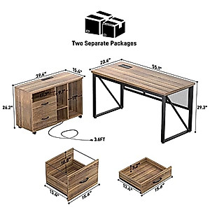 Unikito 55 Inch Executive Desk and Lateral File Cabinet, L Shaped Office Desk with Power Outlet and USB Port, Large Computer Table Home Office Furniture with Drawers and Storage Shelves, Rustic Walnut
