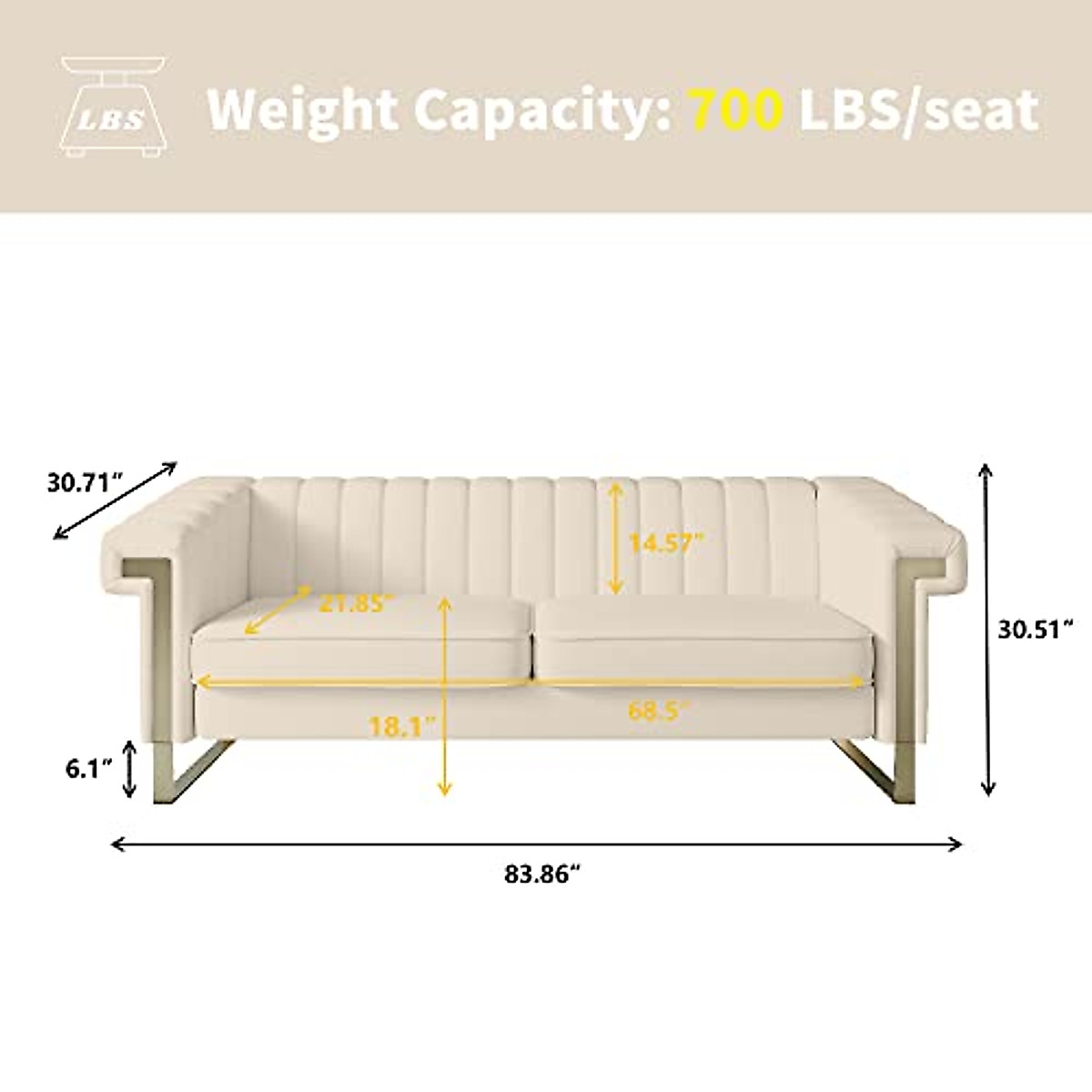 MGH Modern Sofa,Collection Contemporary Velvet Upholstered Sofa Couch with Stainless Steel Base,83.86“ Lx 30.70“ Wx 30.51“ H(Beige)