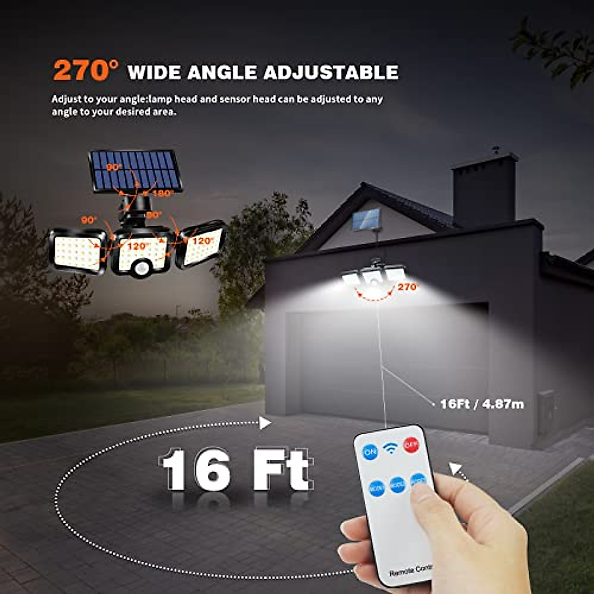 2 Pack Detachable Solar Security Lights, 3 Head Motion Sensor Lights With Remote Control 108 LED Rotatable Flood Lights IP65 Waterproof Outdoor Spotlights for Porch Garden Patio Yard Garage Pathway
